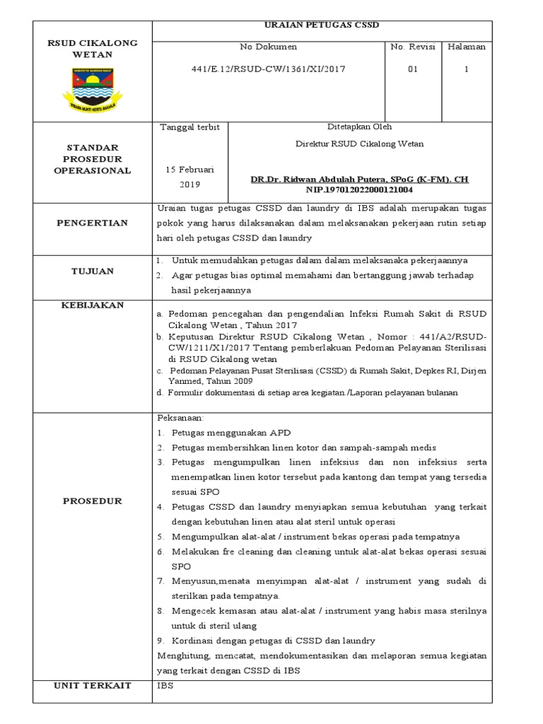 SOP URAIAN PEtugas CSSD | PDF