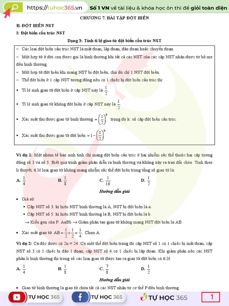 tuhoc365.vn 01.06. Dạng bài Tính tỉ lệ giao tử đột biến cấu trúc NST | PDF