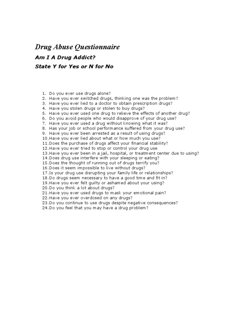 Drug Abuse Questionnaire | Substance Abuse | Substance Dependence