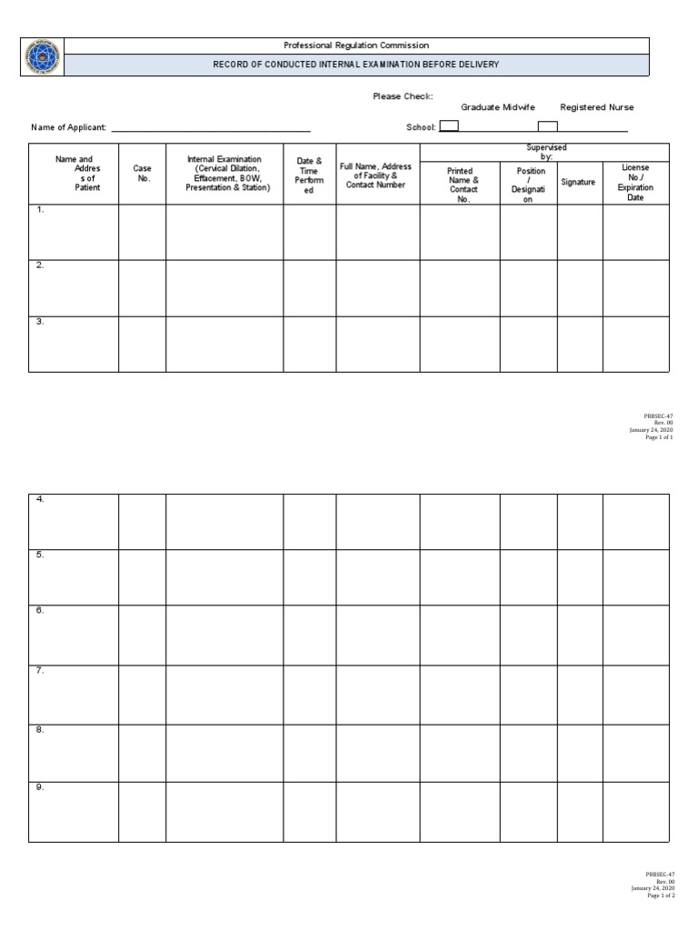 PRBSEC-47 Internal Examination Form | PDF | Midwife | Nursing