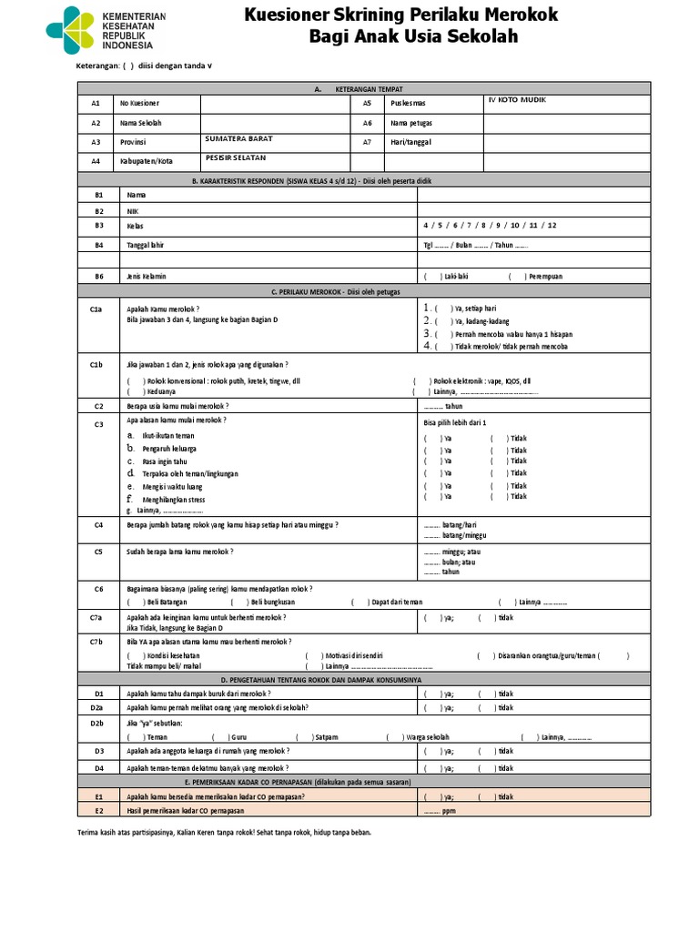 Kuesioner Skrining Merokok Anak Sekolah | PDF