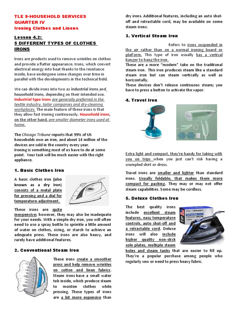 Types of Clothes Irons Explained | PDF | Steam | Clothing