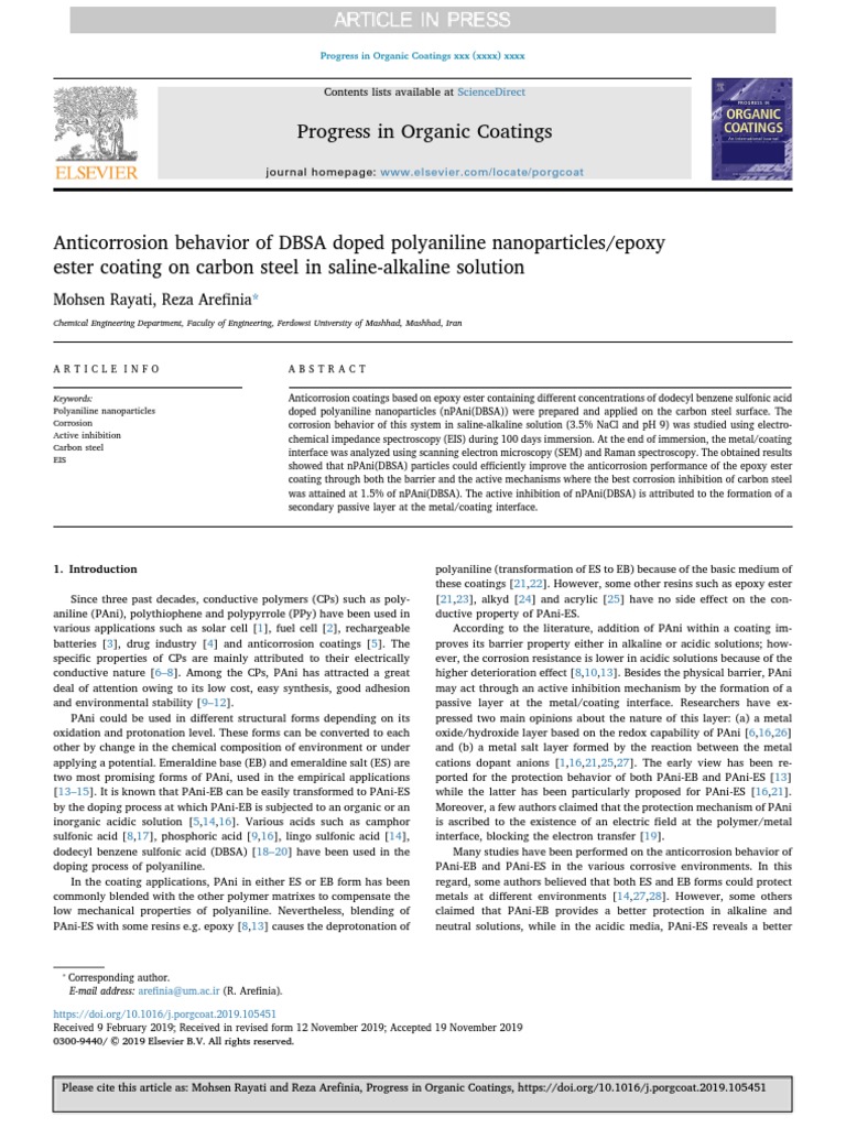 Anticorrosion Behavior of DBSA Doped Polyaniline Nanoparticles | PDF | Corrosion | Nanoparticle
