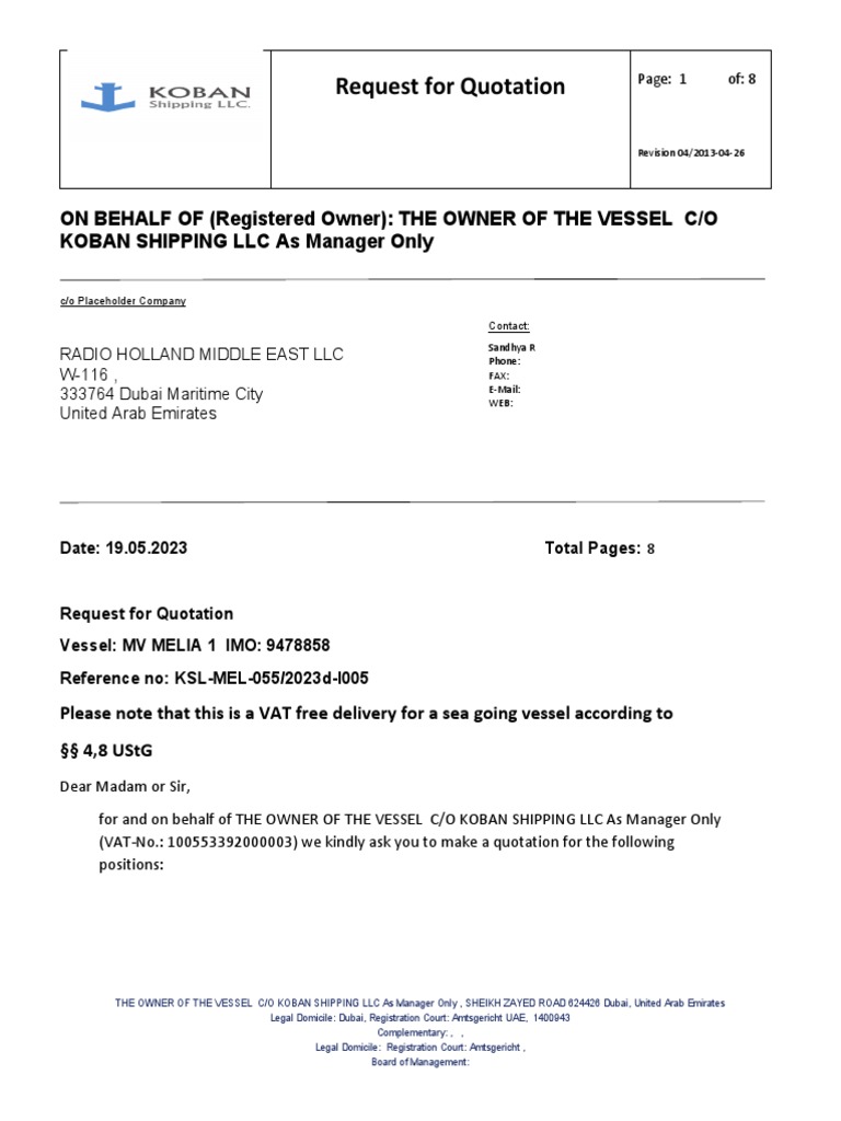 Vessel RFQ for Shipping Suppliers | PDF | Invoice | Taxes