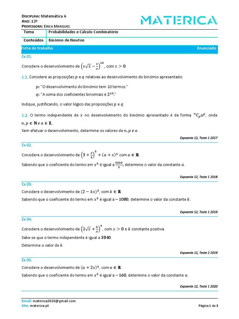 Ficha 12 Binómio de Newton 12 | PDF | Lógica | Matemática