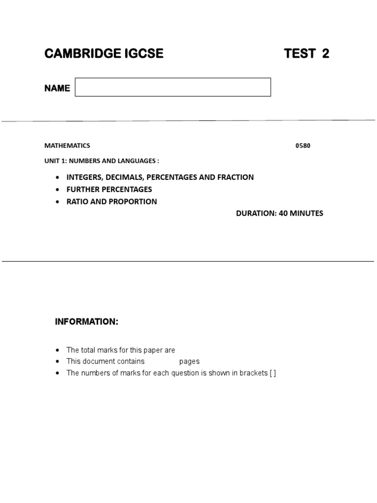 Cambridge Igcse Test 2 Pdf Ratio Mathematical Objects