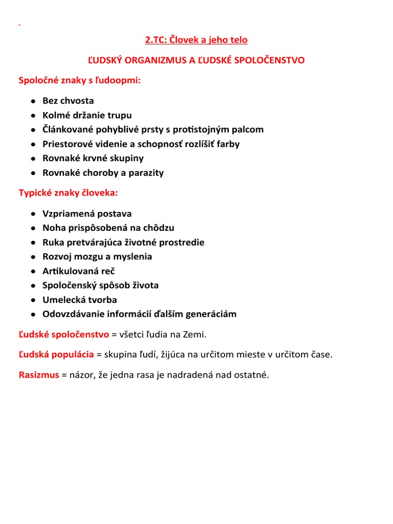 2.TC - Človek A Jeho Telo - Poznámky Do Zošita | PDF