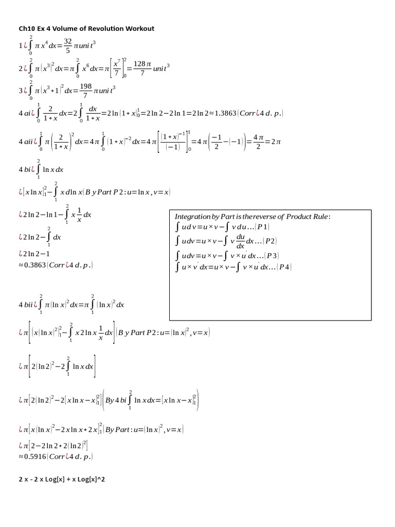 Ch10 Ex4 Volume of Revolution by Part Substiution Workout | PDF ...