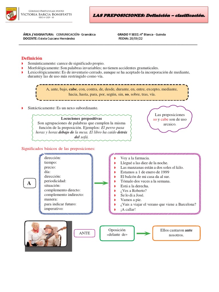 Definición y Clases de Preposiciones | PDF | Gramática | Mecánica del ...