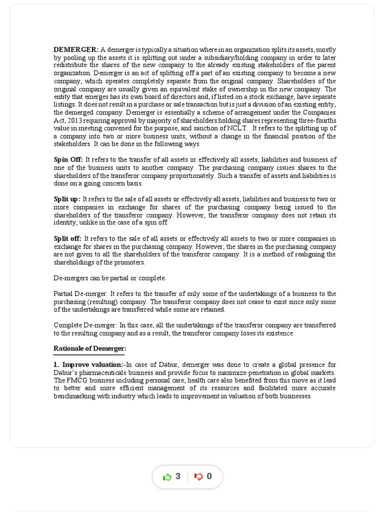 Understanding Company Demergers | PDF | Equity (Finance) | Business