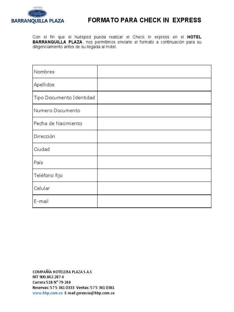 FORMATO PARA CHECK IN EXPRESS Docx2 | PDF