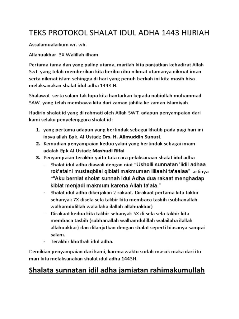 Protokol Shalat Idul Adha 1443 H | PDF