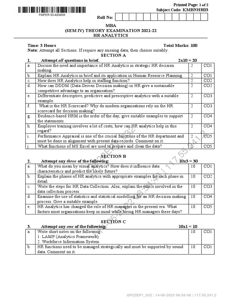 Mba 4 Sem HR Analytics Kmbnhr03 2022 | PDF | Analytics | Human Resource ...