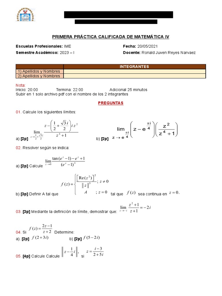 Primera Práctica Calificada de Matemática Iv | PDF