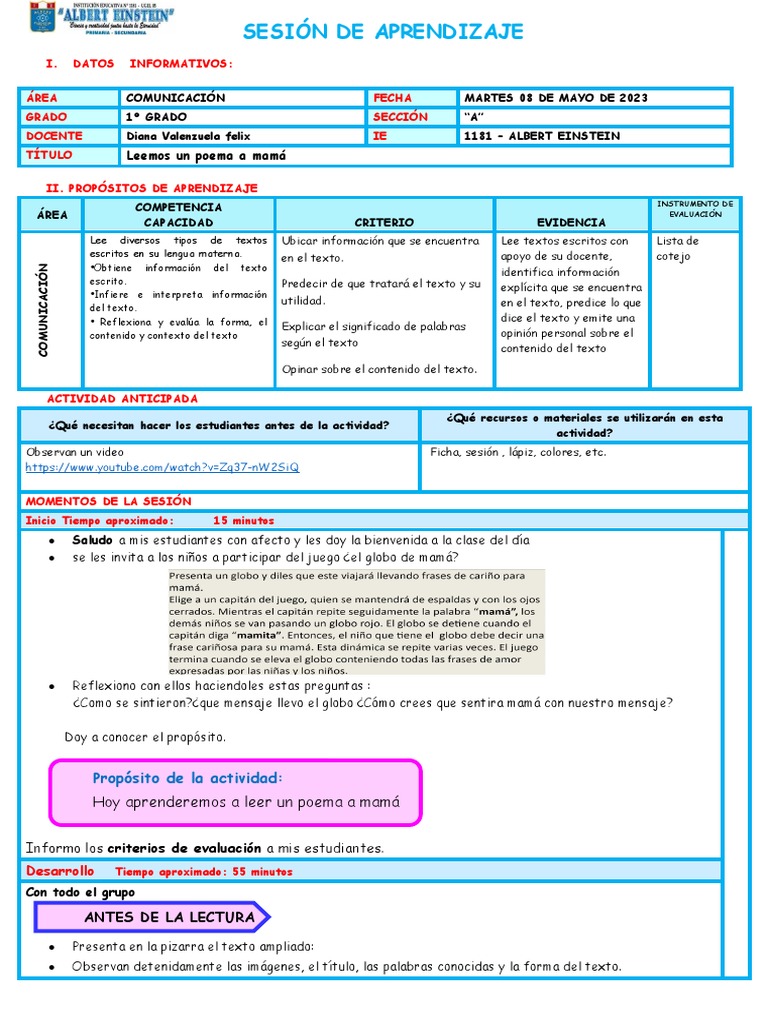 Lunes 8 De Mayo Sesión De Comunicación Leemos Un Poema A Mamá Pdf