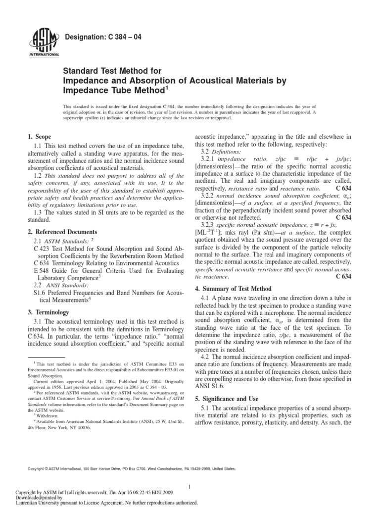 Impedance and Absorption of Acoustical Materials by Impedance Tube ...