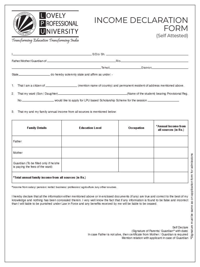 Income Declaration Form for LPU Scholarship | PDF