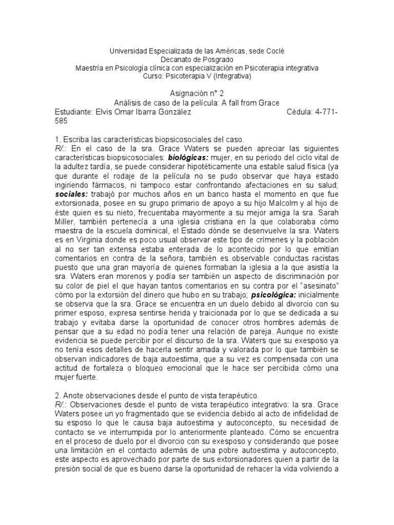 Análisis Psicoterapéutico de Grace Waters | PDF | Autoestima | Divorcio