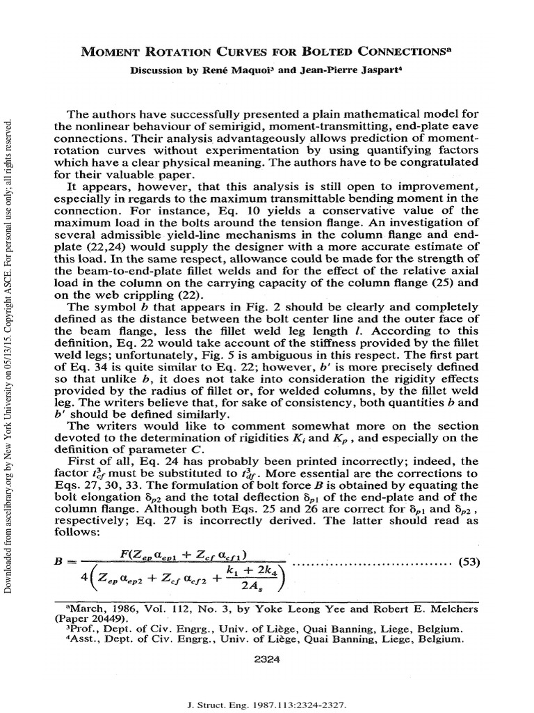 Moment Rotation Curves For Bolted Connections by Yee 1986 - DISCUSSION ...