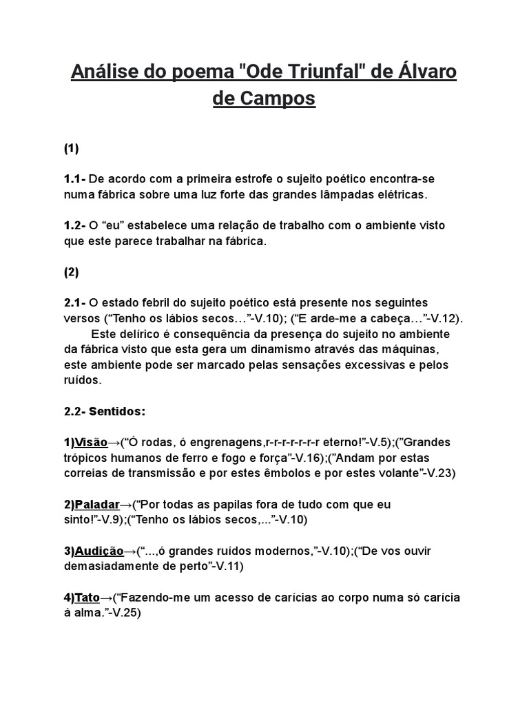 Análise da "Ode Triunfal" de Álvaro de Campos | PDF | Poesia | Beleza