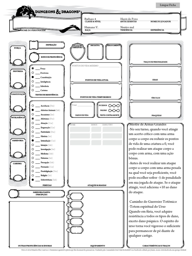 Ficha Padrão D&D | Download grátis PDF | Dungeons & Dragons (jogo)