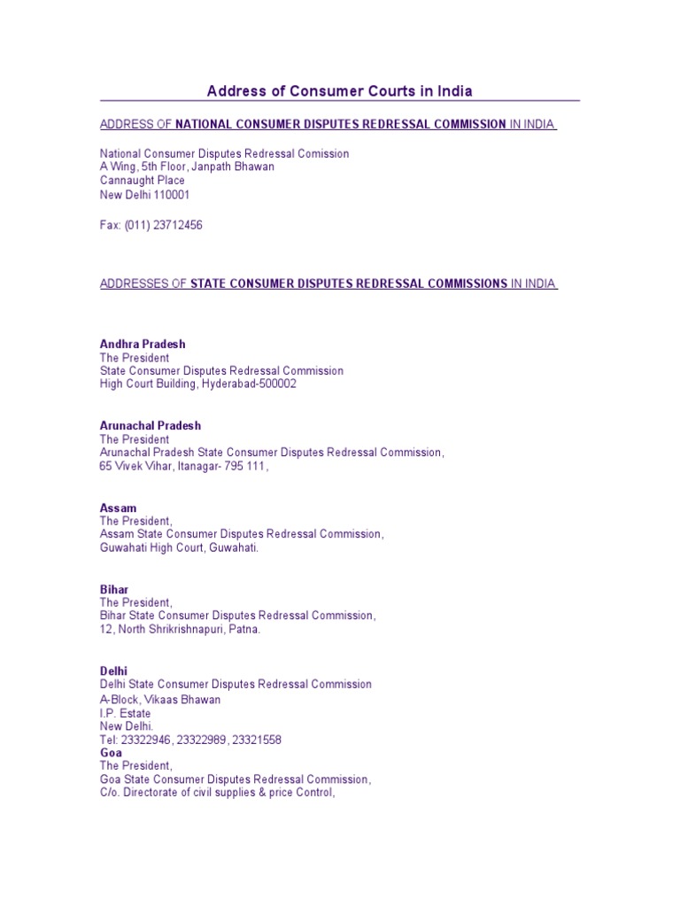 Address of Consumer Courts in India | PDF | Government Of India | South ...