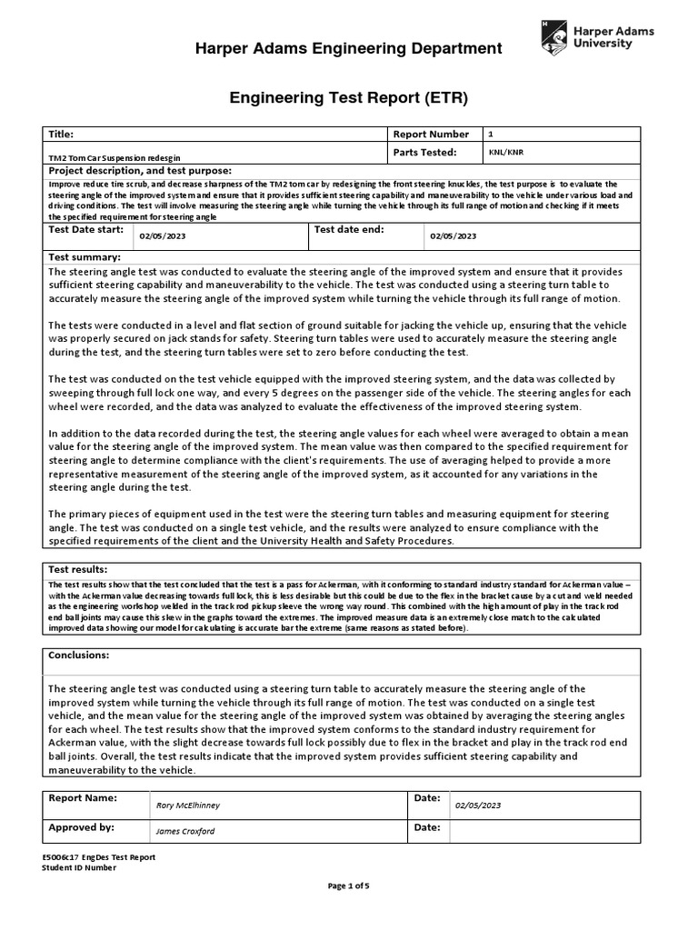 Test Report | PDF | Vehicles | Steering