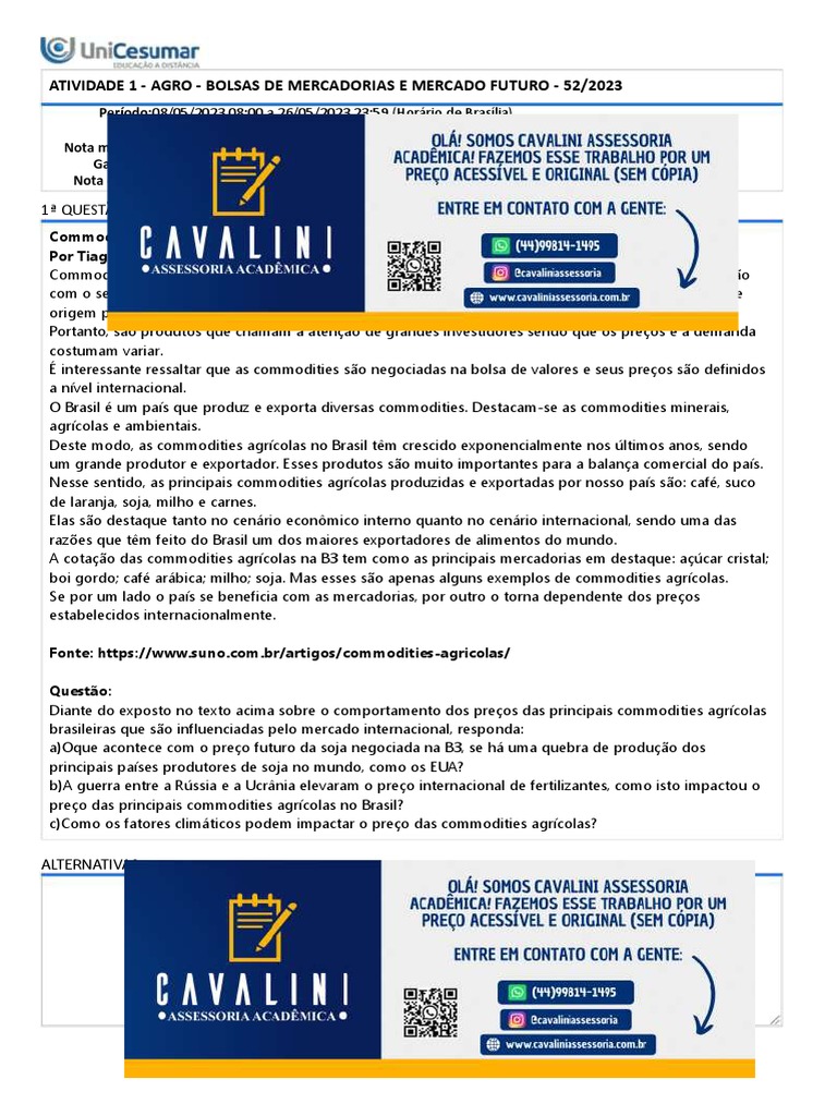 Atividade 1 - Agro - Bolsas de Mercadorias e Mercado Futuro - 52-2023 | PDF