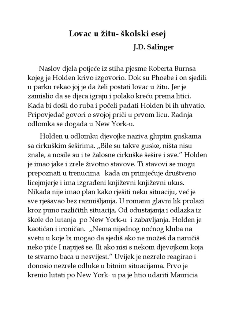 Lovac U Žitu - Školski Esej | PDF