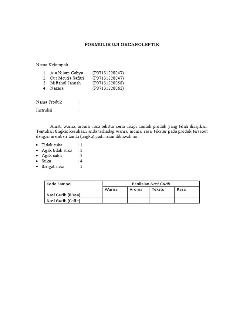 Formulir Uji Organoleptik Makanan | PDF