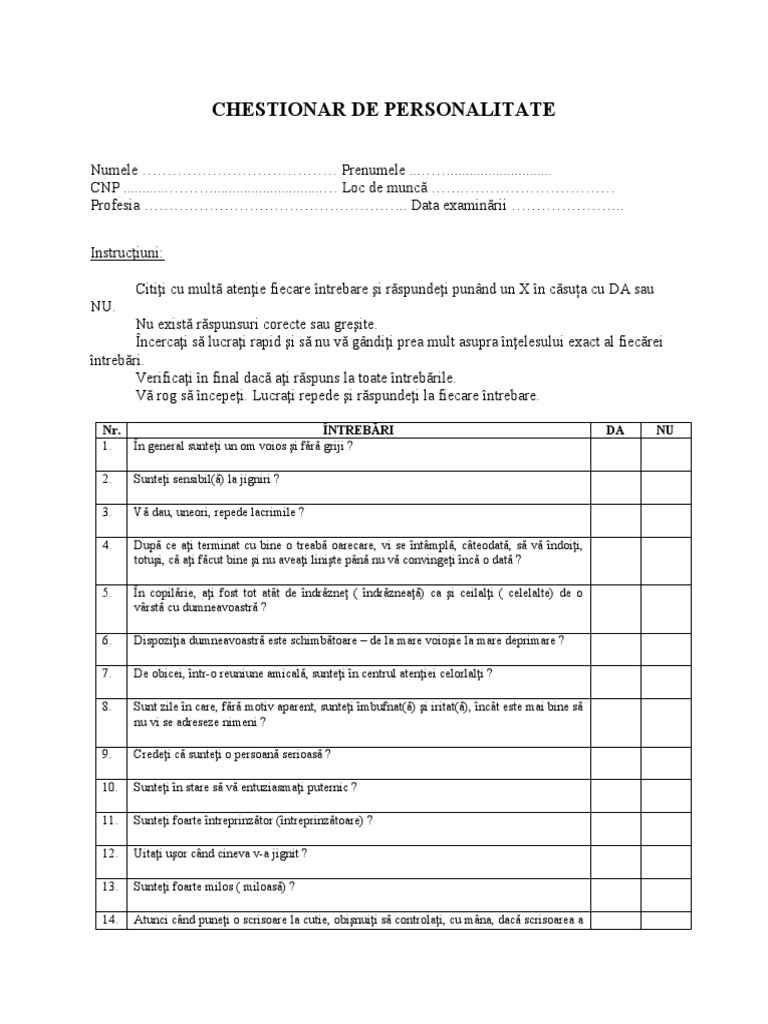 Chestionar de Personalitate | PDF