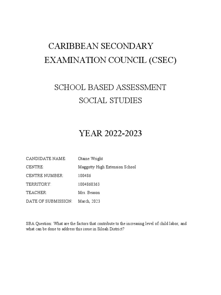 Social Studies SBA 1 | PDF | Poverty | Poverty & Homelessness
