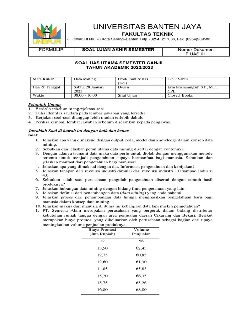 Soal UAS Data Mining - Tin 7 Sabtu - Erni K | PDF