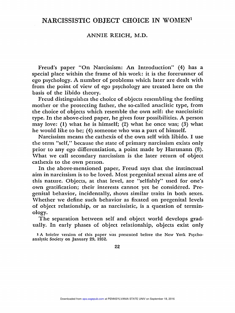 Narcissistic Object Choice in Women | PDF | Id | Narcissism