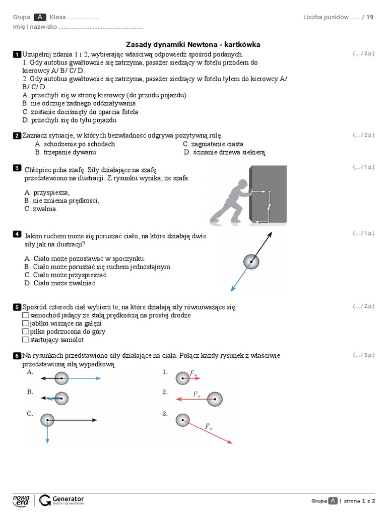 Zasady Dynamiki Newtona - Kartkówka | PDF