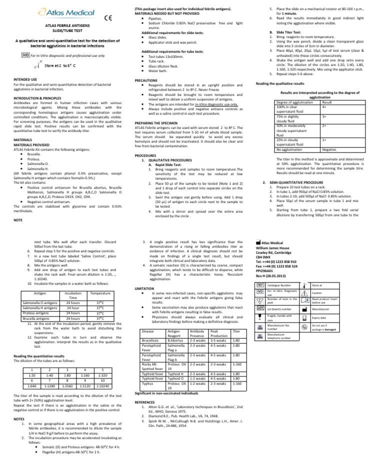 Febrile Antigens Package Insert | PDF | Clinical Medicine | Medical Specialties