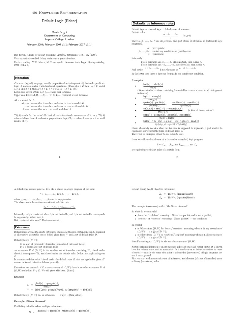 Default Logic, Marek Sergot | PDF | Logic | First Order Logic