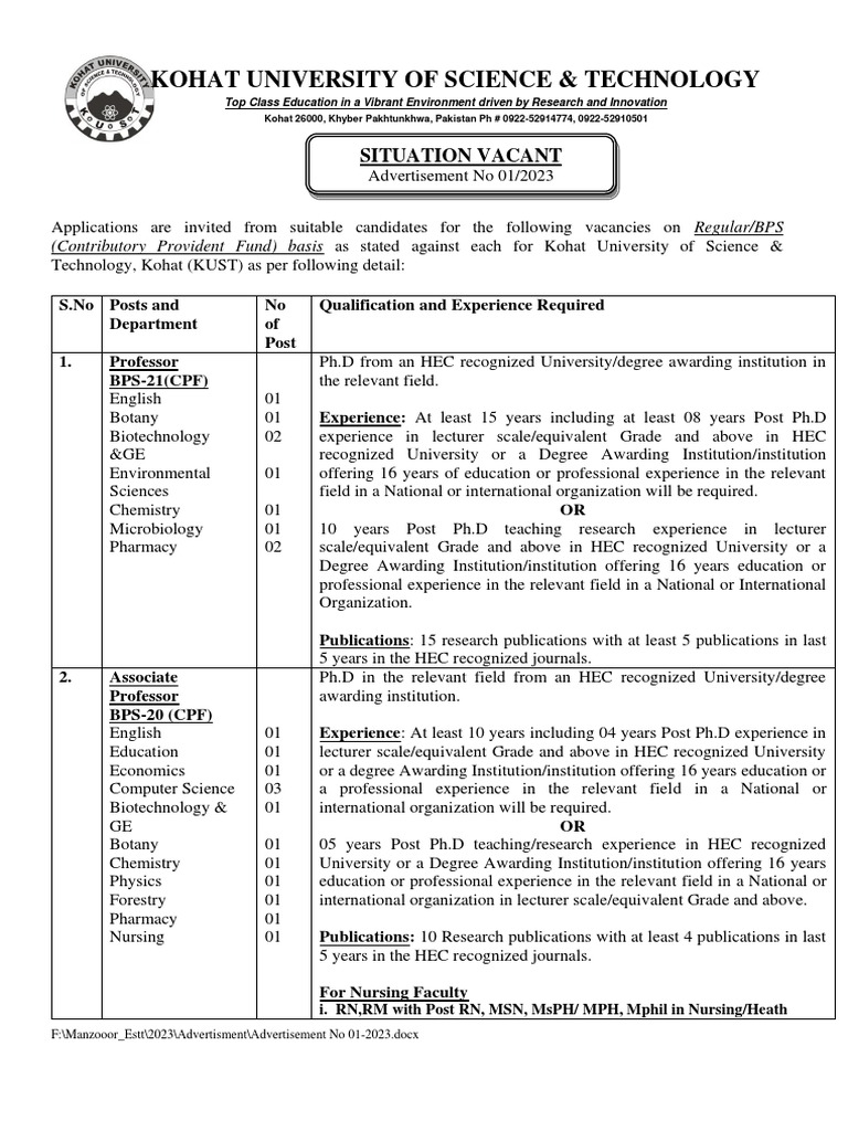 KUST Faculty Vacancies Announcement | PDF | Nursing | Academic Degree