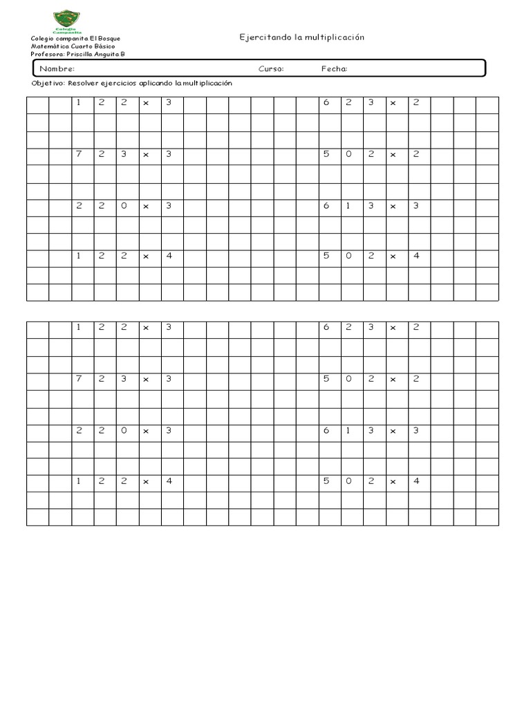 Ejercicios de Multiplicación 4to Básico | PDF