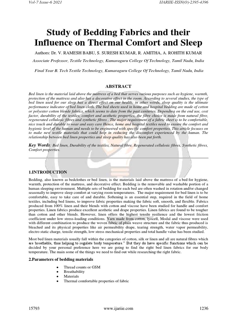 Study of Bedding Fabrics and Their Influence On Thermal Comfort and Sleep Ijariie15793 | PDF ...