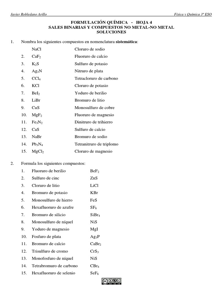 Soluciones Ejercicios Sobre FORMULACION QUIMICA Sales Binarias y ...