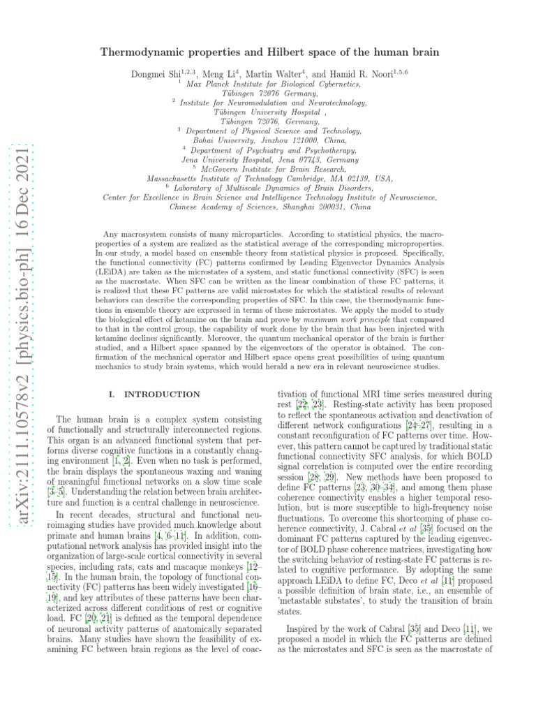 Thermodynamic Properties and Hilbert Space of The Human Brain | PDF | Entropy | Eigenvalues And ...