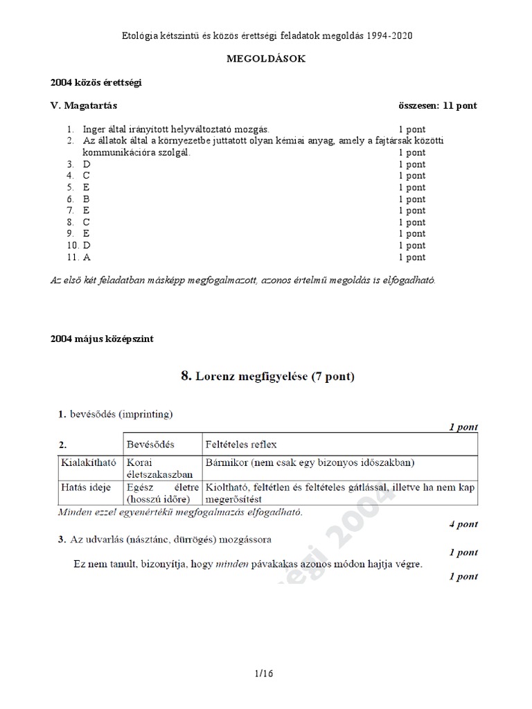 Etologia Ketszintu Es Kozos Erettsegi Feladatok 1994 2020 Megoldasok | PDF