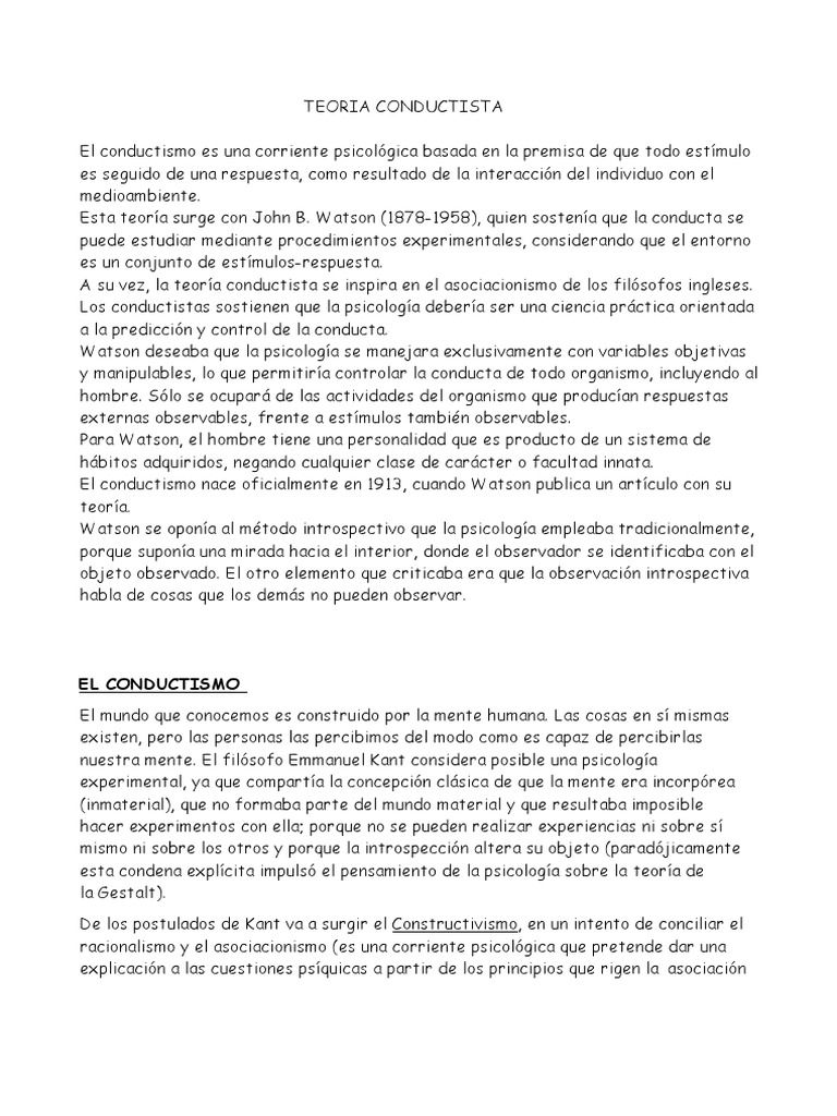 TEORIA CONDUCTISTA Psicologia Evolutiva | PDF | Behaviorismo | Sicología