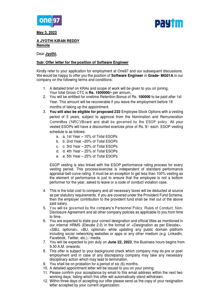 Paytm Software Engineer Offer Letter | PDF | Vesting | Employment