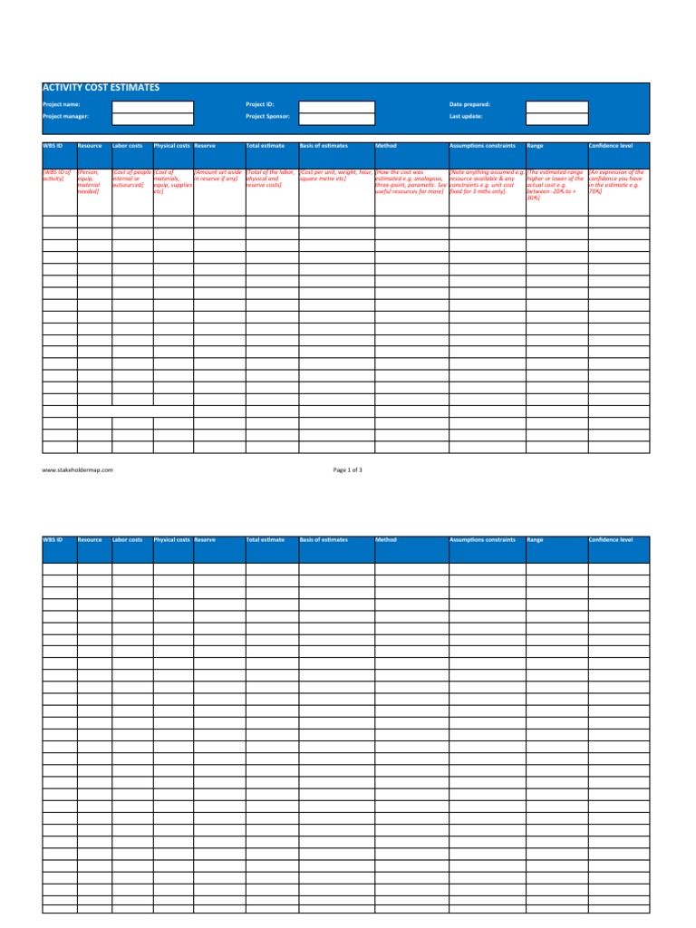 Activity Cost Estimate Template | PDF