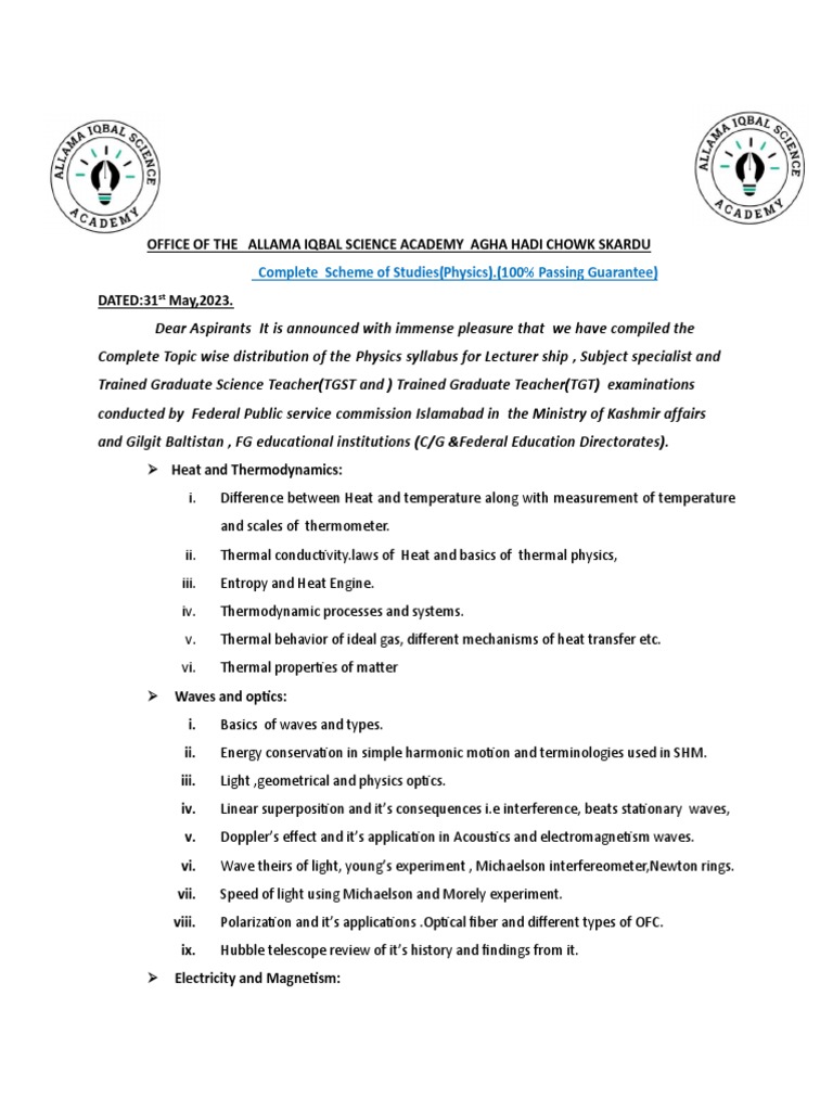 FPSC Physics COMPLETE COURSE OUTLINE. (1) | PDF | Heat | Solid