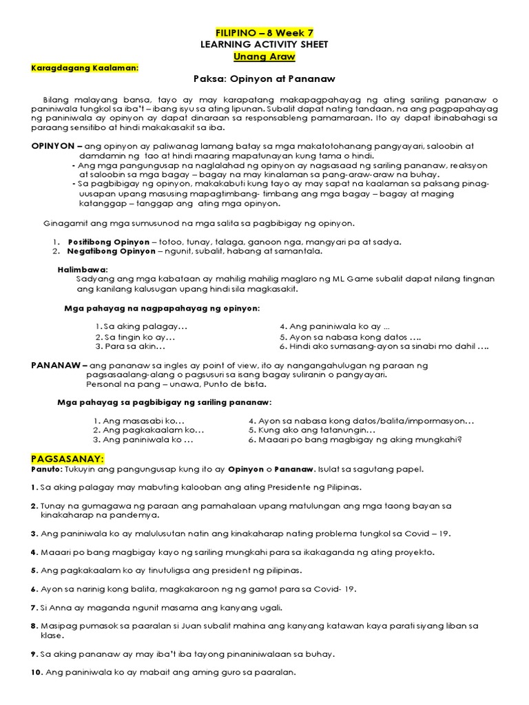 Fil.8 Week 7 Learning Activity Sheet | PDF