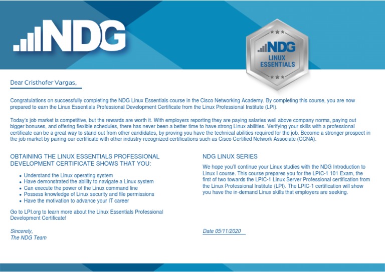 NDG Linux Essentials Certificate Earned | PDF | Computers | Technology & Engineering