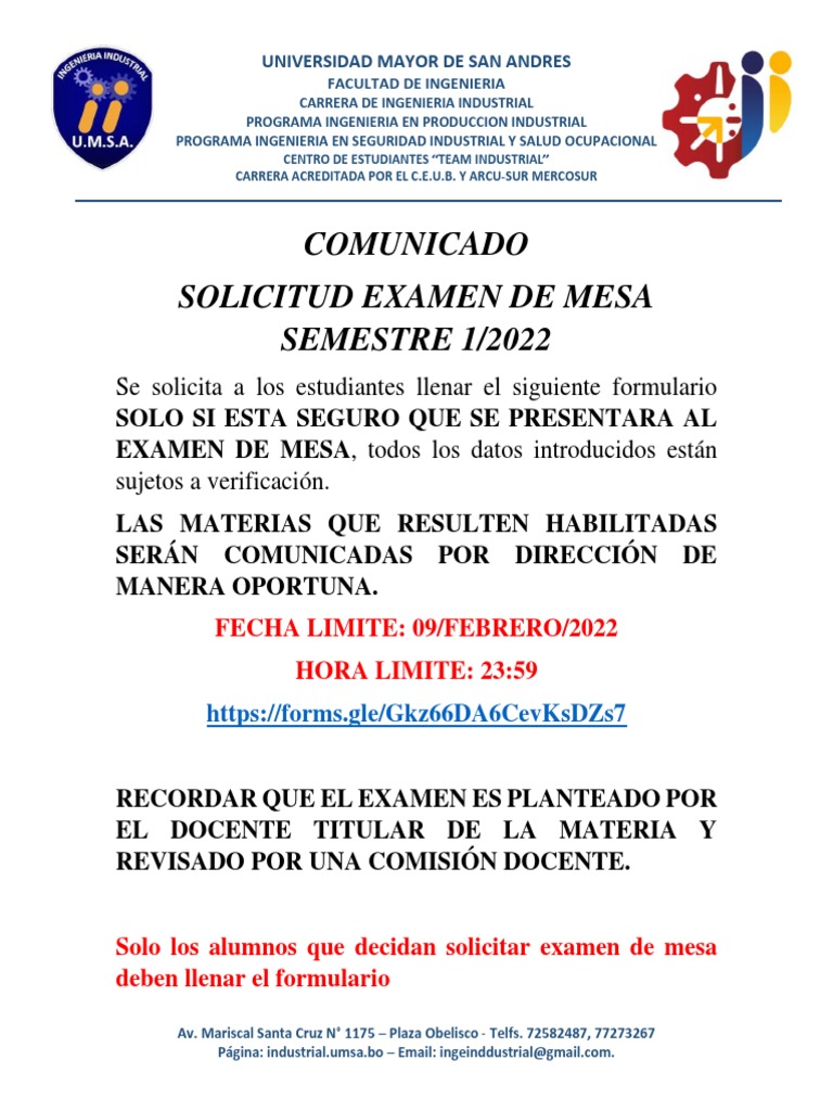 Comunicado Solicitud Examen de Mesa | PDF